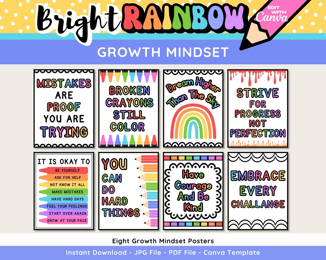 Bright Rainbow Growth Mindset Printable Posters, Editable Kids ...
