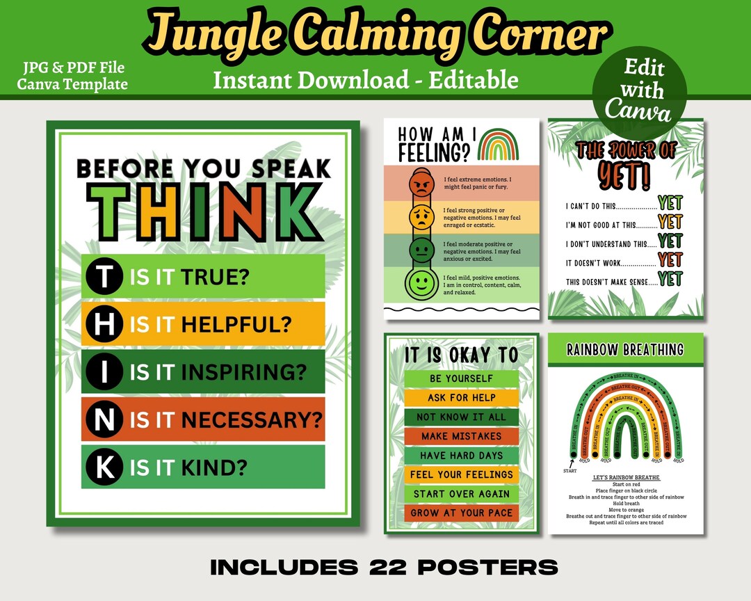 Jungle Calming Corner Bundle, Printable Breathing Techniques, Editable ...