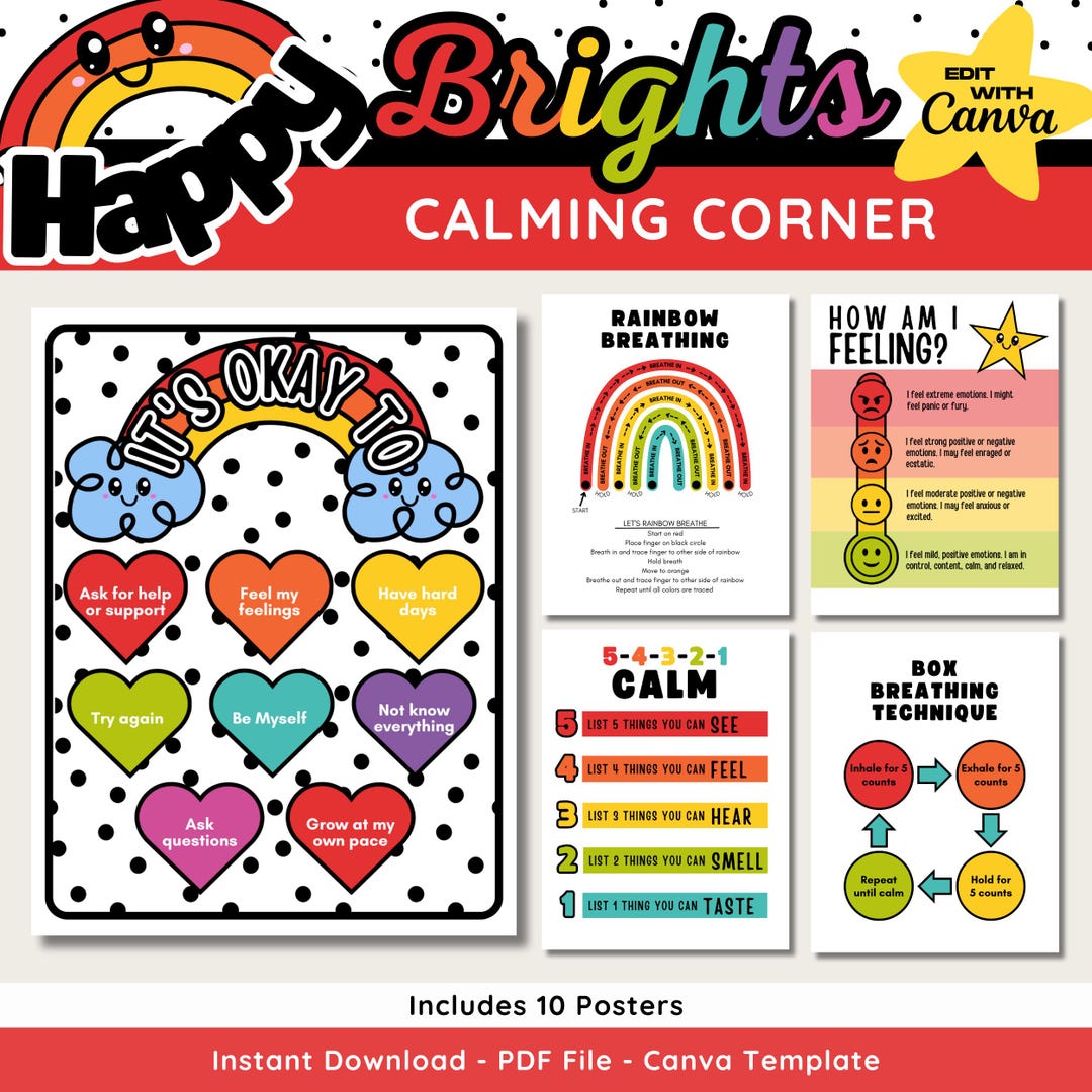 Rainbow Classroom Calming Corner, Printable & Editable Breathing ...