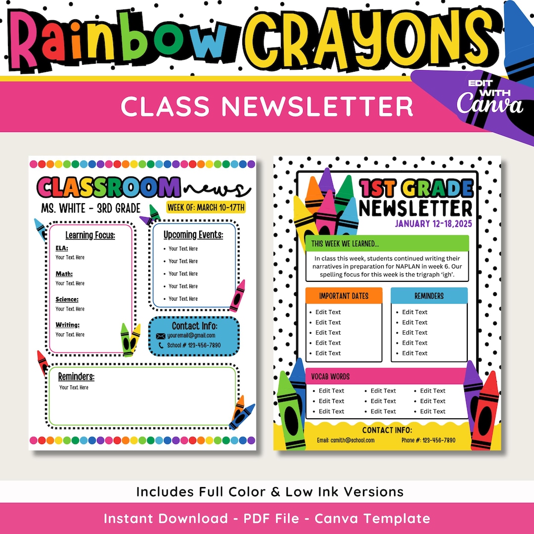 Rainbow Crayon Classroom Newsletter Template: Printable, Editable ...