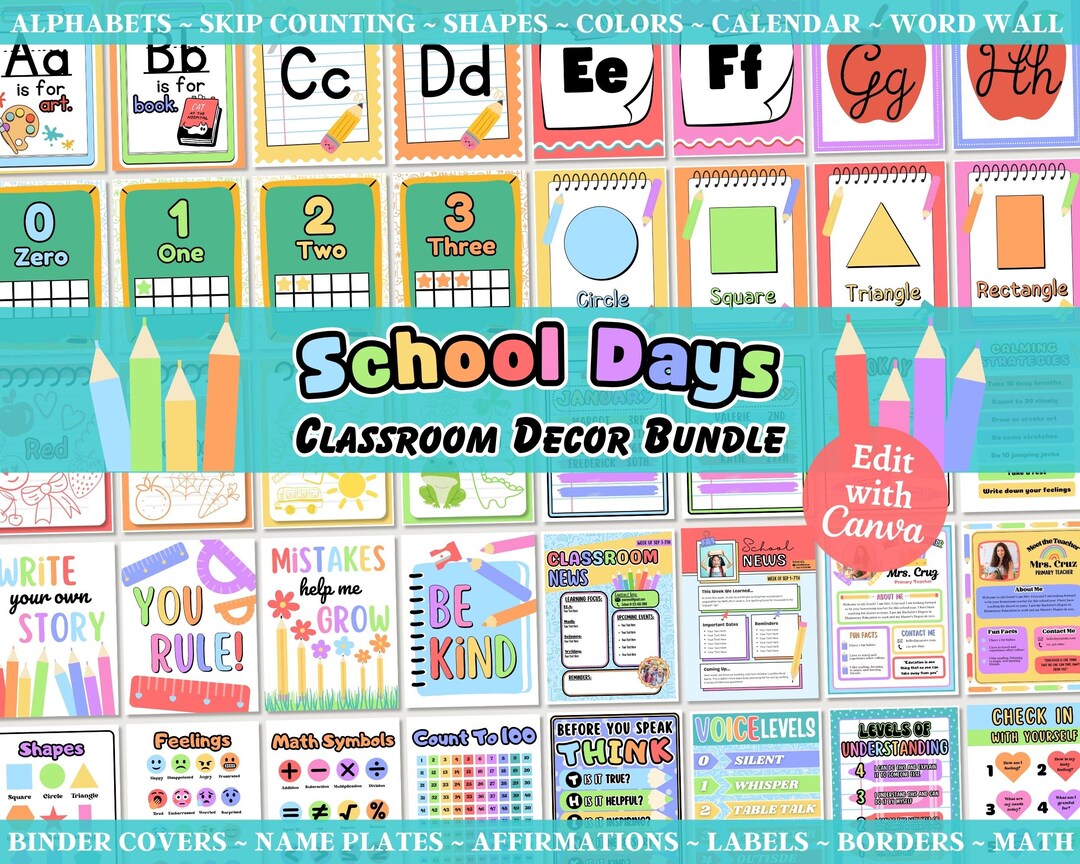 Editable Complete Classroom Decor Bundle, Printable Bright Rainbow ...
