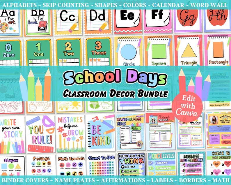 Editable Complete Classroom Decor Bundle, Printable Bright Rainbow ...