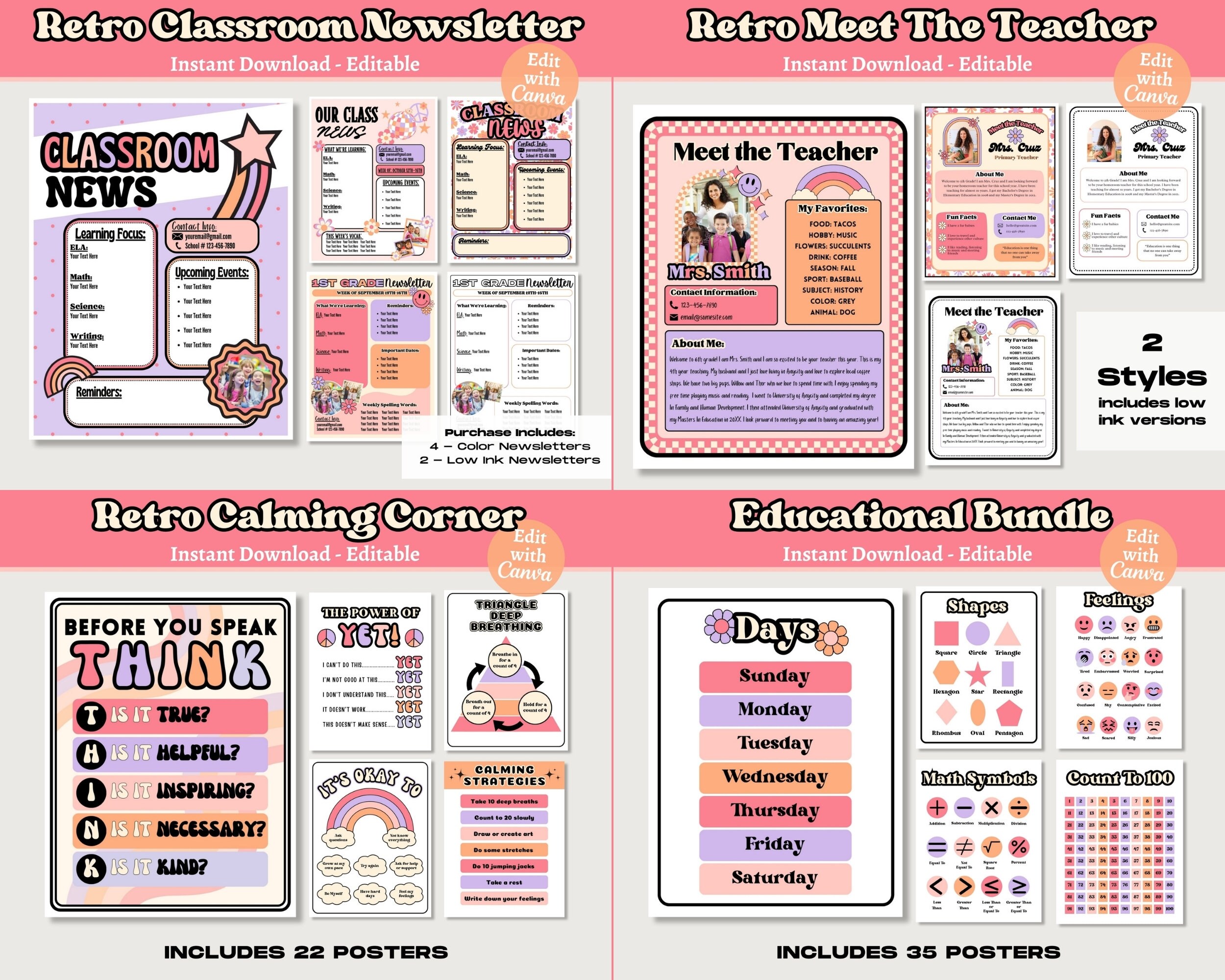 Retro Classroom Decor Bundle, Printable Editable Classroom Displays ...