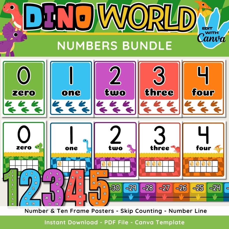 Dinosaur Number Posters: Classroom Math Bundle (canva Template) - Etsy