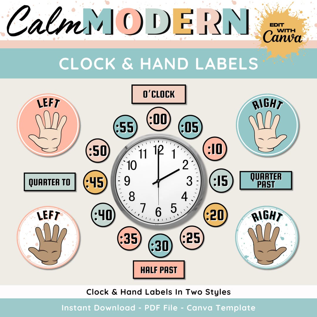 Calm Modern Classroom Clock Labels, Printable & Editable Right Left ...