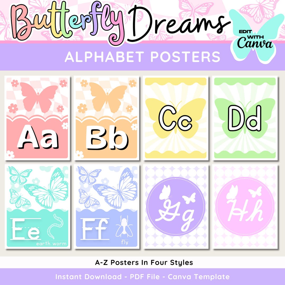 Pastel Butterfly Alphabet Posters, A-Z Cursive Printable & Editable ...