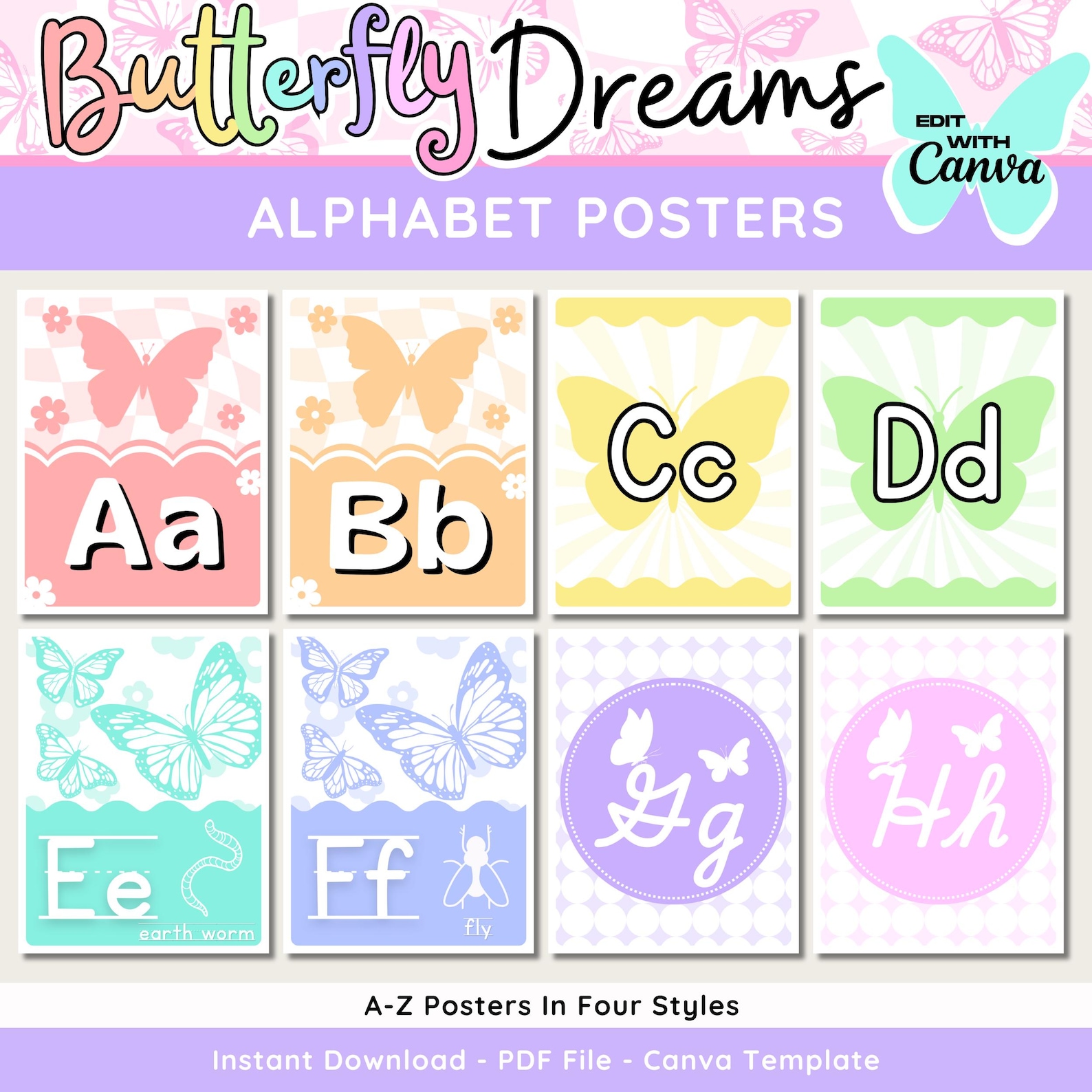 Pastel Butterfly Alphabet Posters: Cursive ABC Printable (canva ...