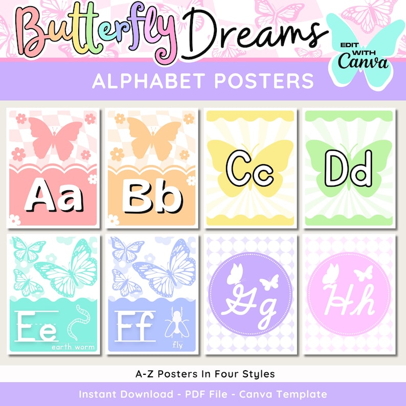 Pastel Butterfly Alphabet Posters, A-Z Cursive Printable & Editable ...