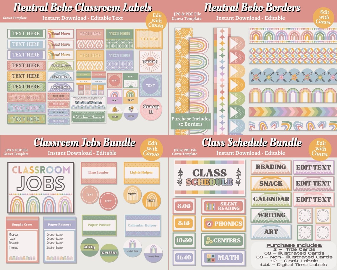 Boho Rainbow Editable Classroom Decor Bundle, Canva Template, Teacher ...