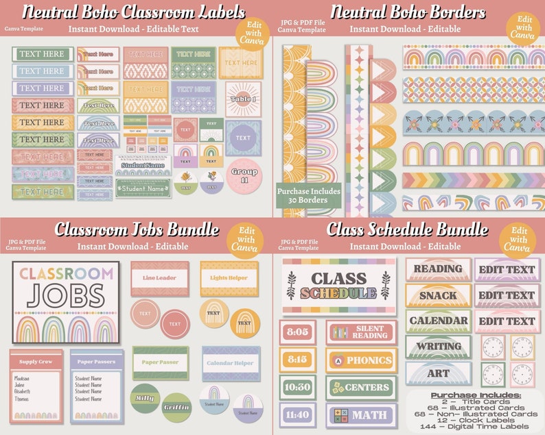 Boho Rainbow Editable Classroom Decor Bundle, Canva Template, Teacher ...