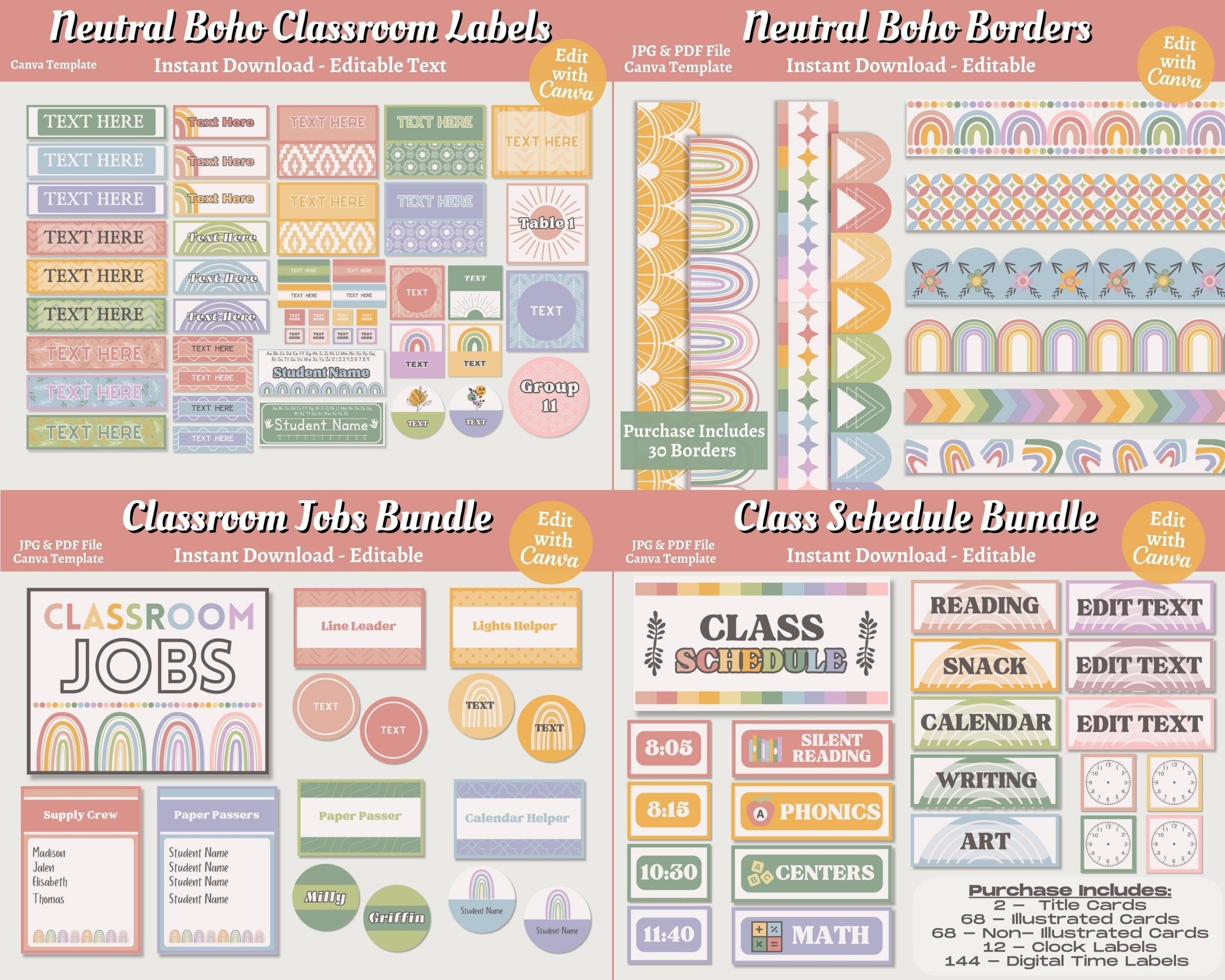 Boho Rainbow Editable Classroom Decor Bundle, Canva Template, Teacher ...