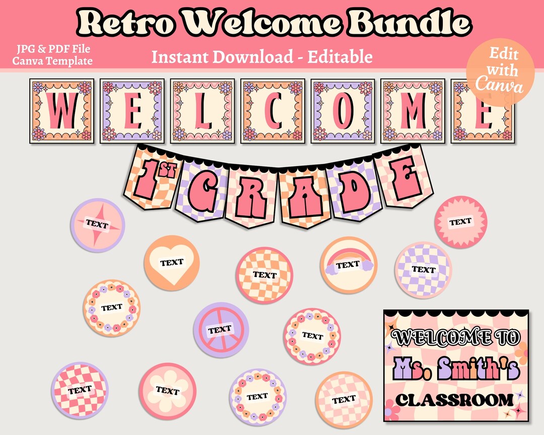 Retro Welcome Bundle, Editable Welcome Banner & Sign, Printable Name ...