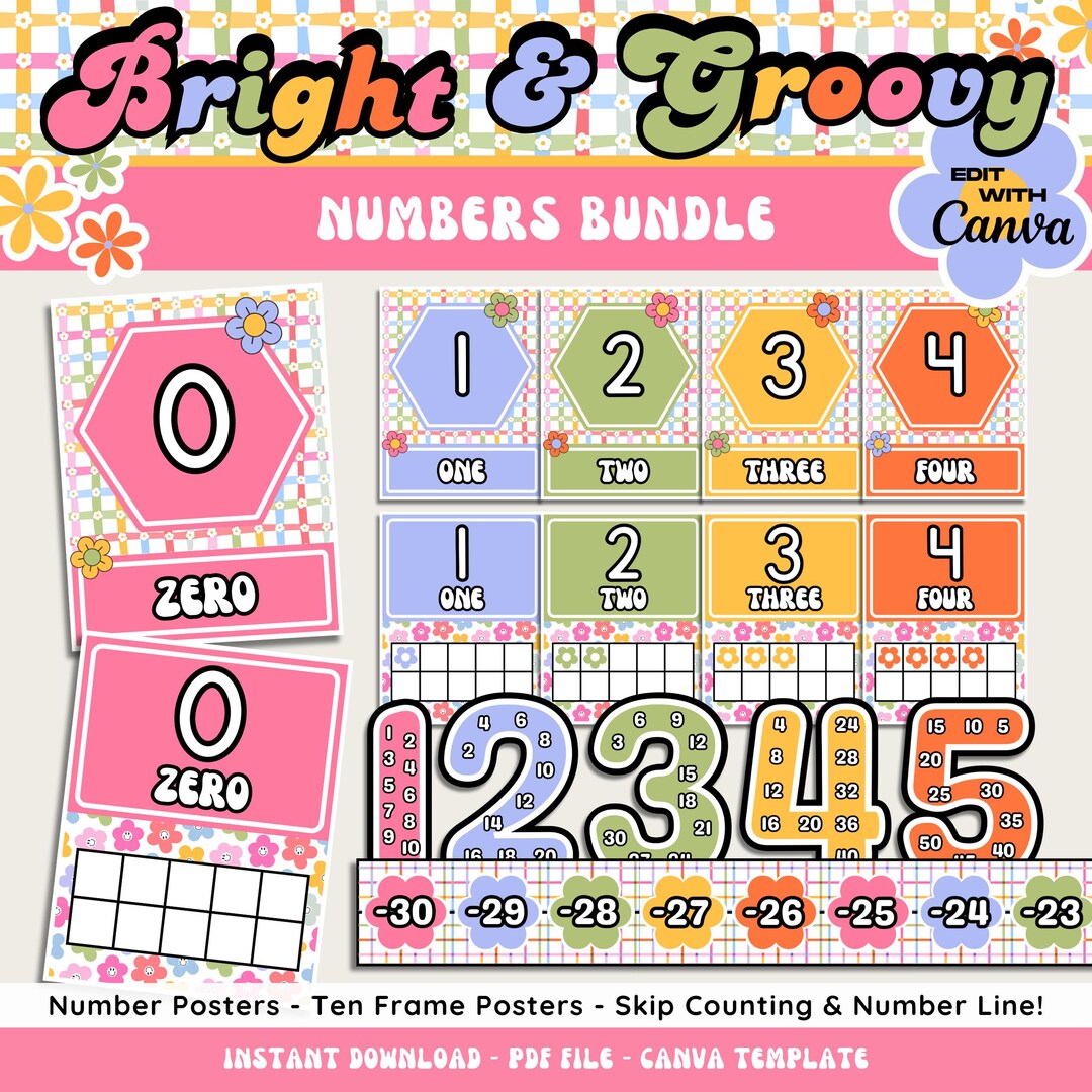 Bright & Groovy Ten Frame Number Posters: Skip Counting, Number Line ...