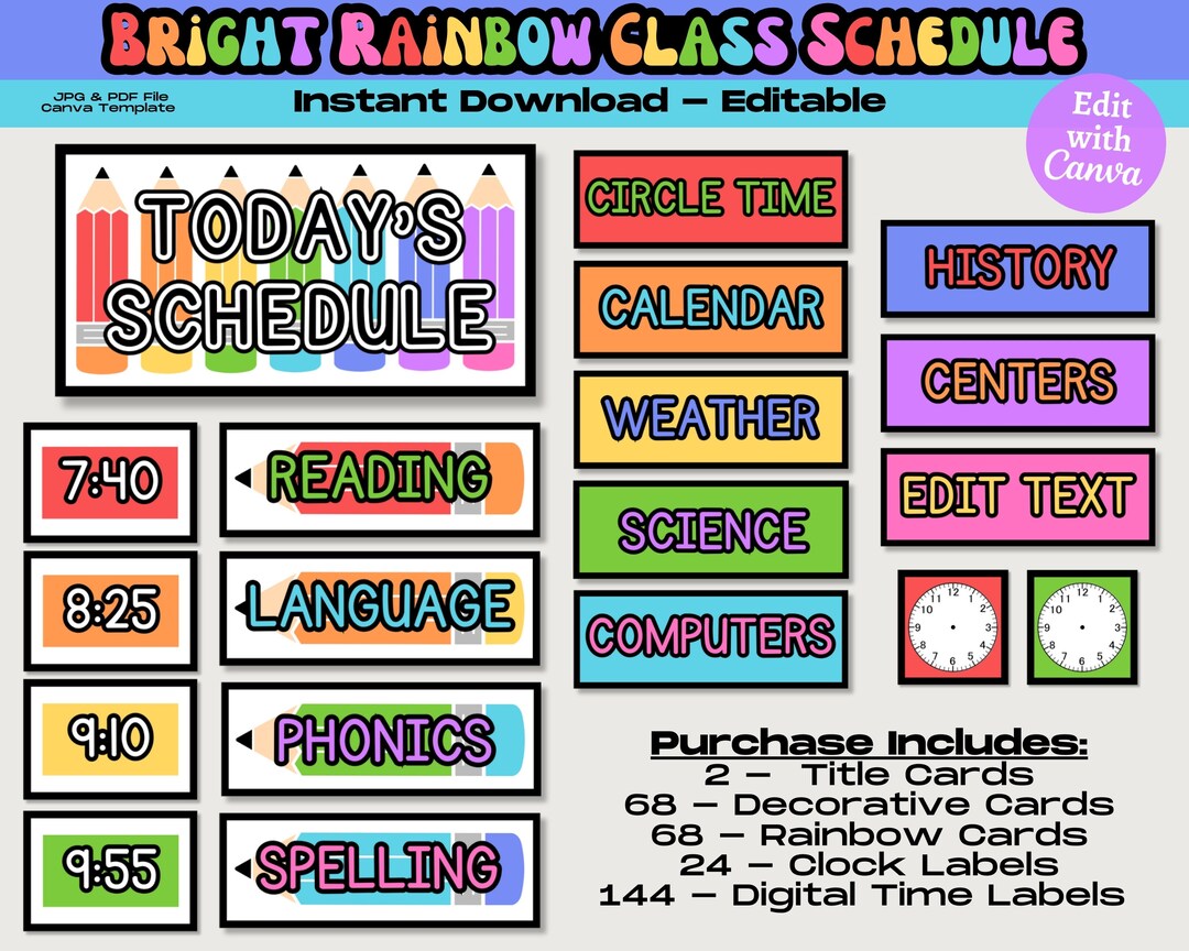Bright Rainbow Class Schedule, Editable Classroom Schedule Display ...