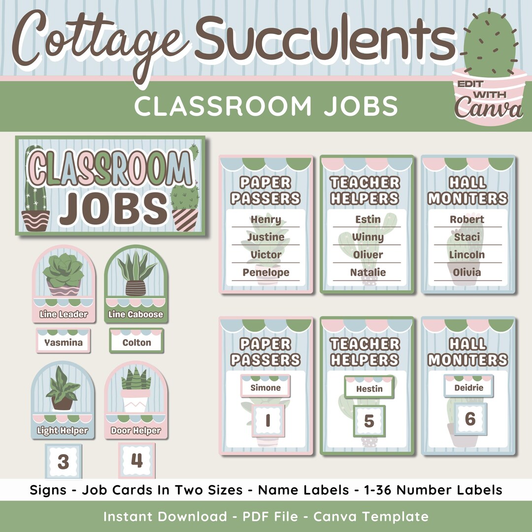 Succulent Classroom Jobs Display: Editable Student Helpers Kit (canva ...