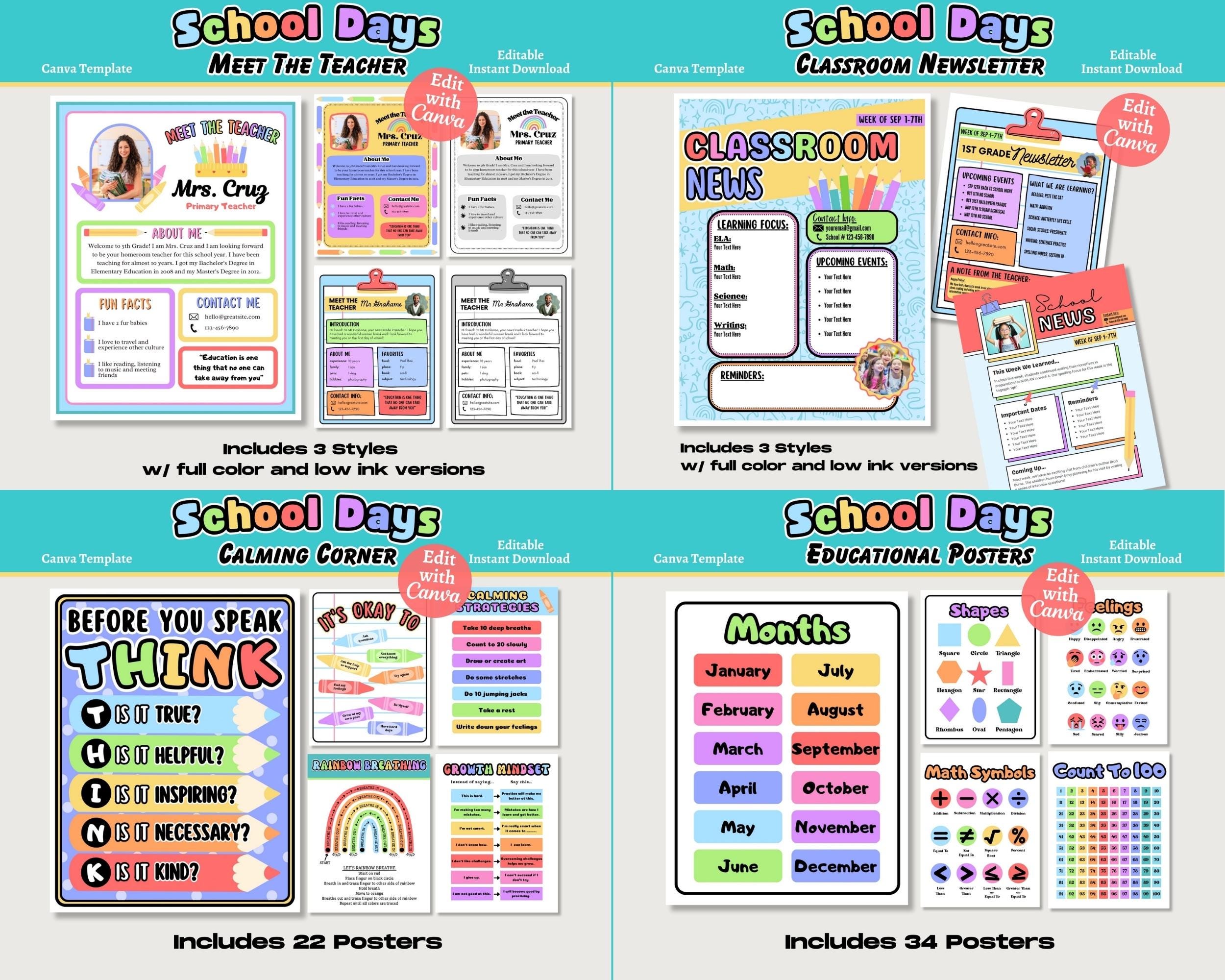 Bright Rainbow Classroom Decor Bundle: Editable Posters (canva Template ...