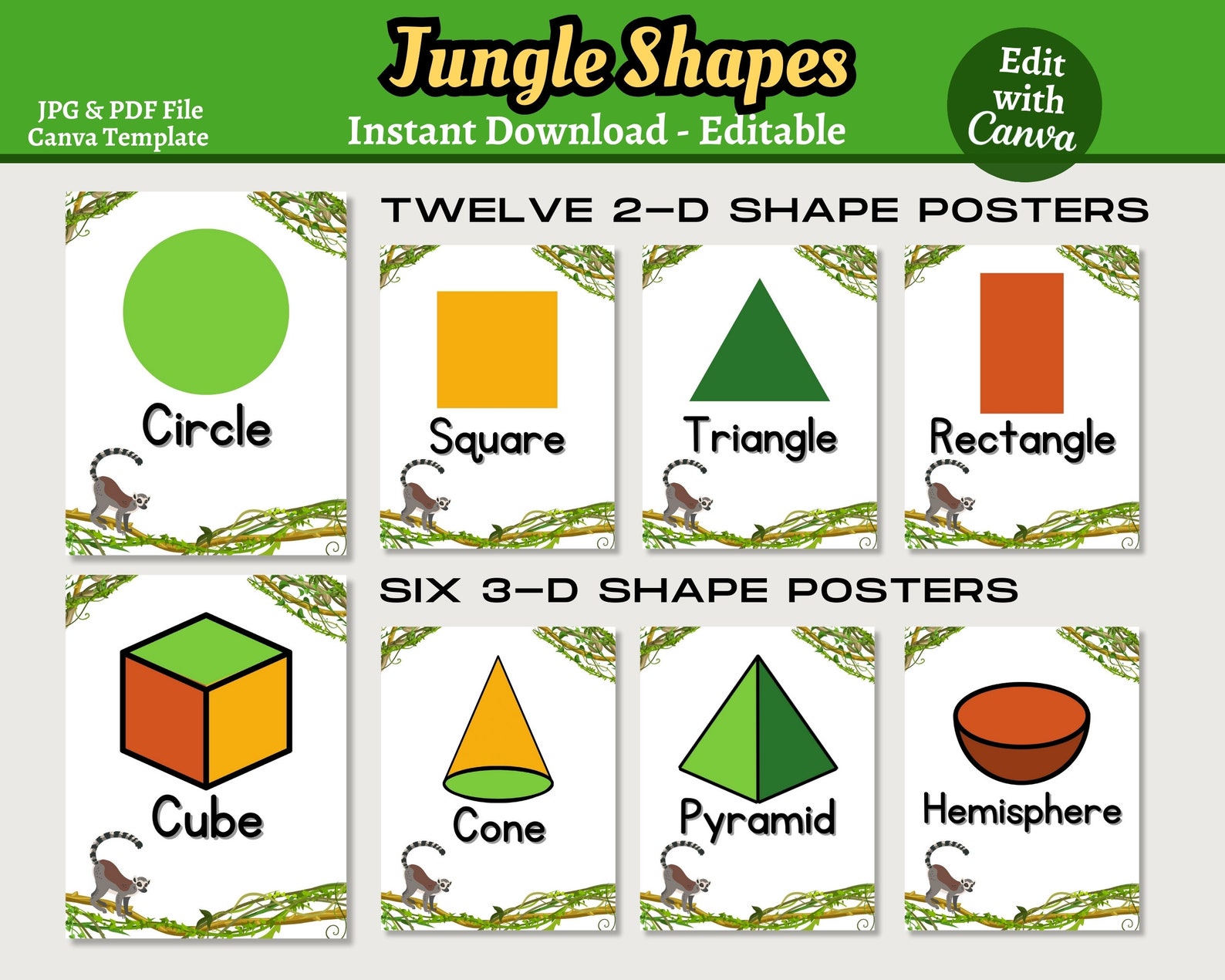 Jungle Shapes Classroom Posters: 2D & 3D Shapes, Editable Canva ...