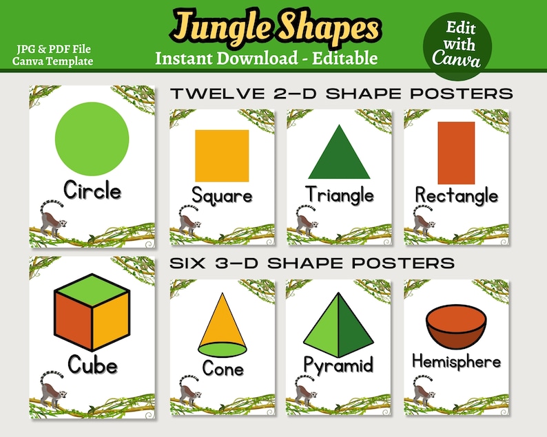 Jungle Shape Posters, Editable 2-D & 3-D Shapes Printables, Basic ...