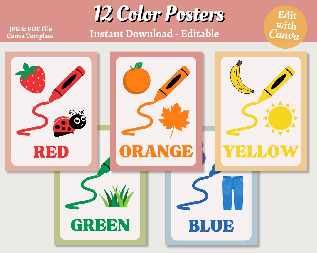 Set of 12 Color Posters, Editable Teacher Printable, Pre-k Preschool ...