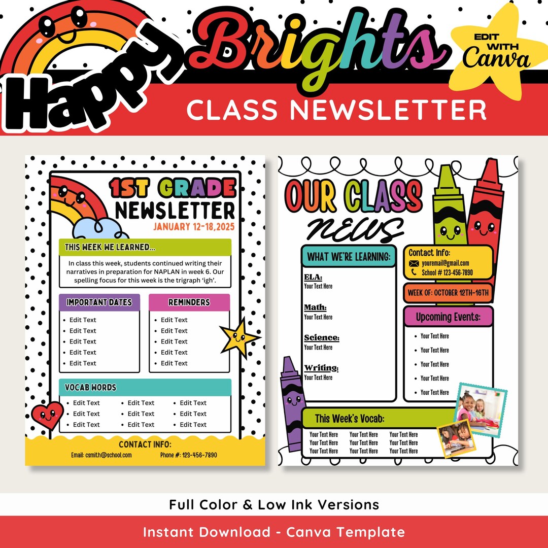 Rainbow Class Newsletter, Printable & Editable Teacher Monthly Weekly ...