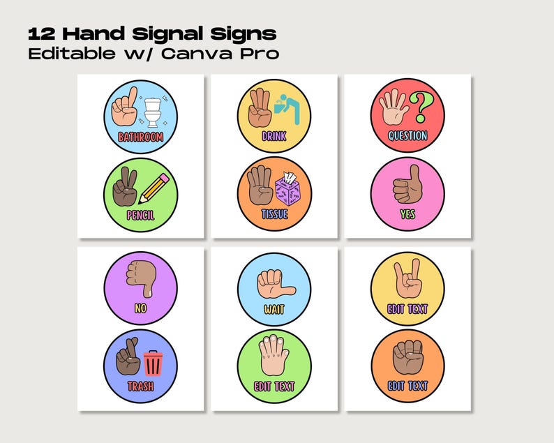 Classroom Hand Signal Posters: Editable Rainbow Decor (canva Template ...