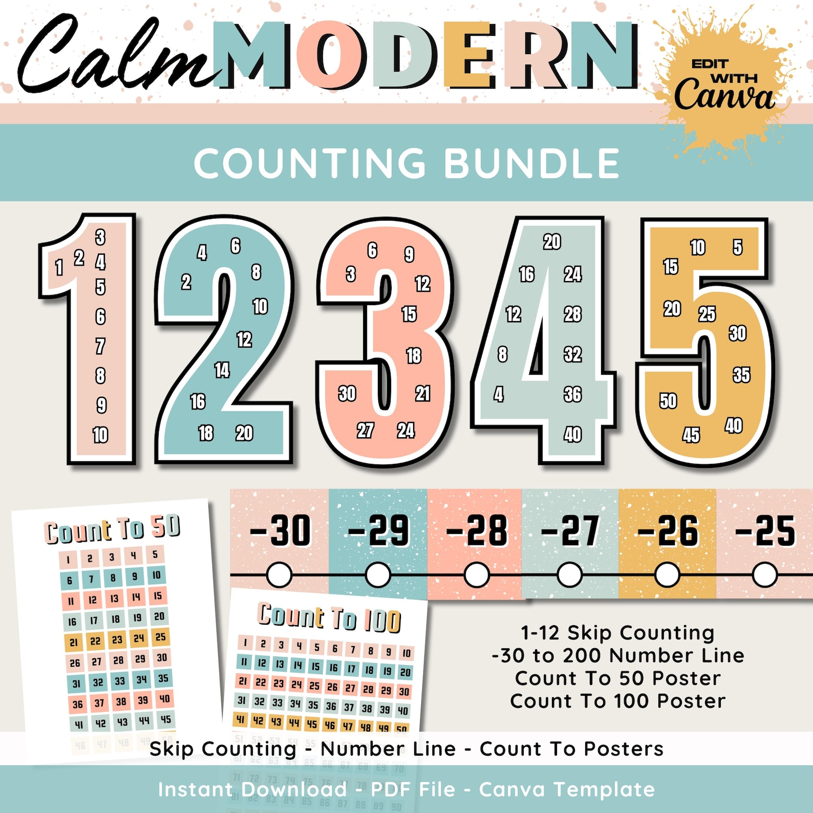 Calm Modern Skip Counting, -30 To200 Number Line, Neutral Printable ...