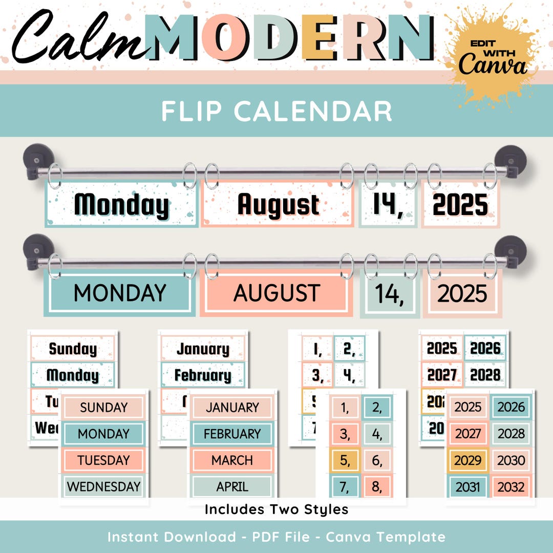 Calm Modern Classroom Flip Calendar, Neutral Printable & Editable ...