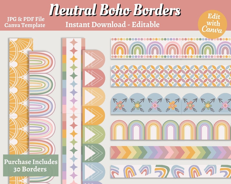 Modern Boho Bulletin Board Boarders, Editable Borders, Canva Template ...