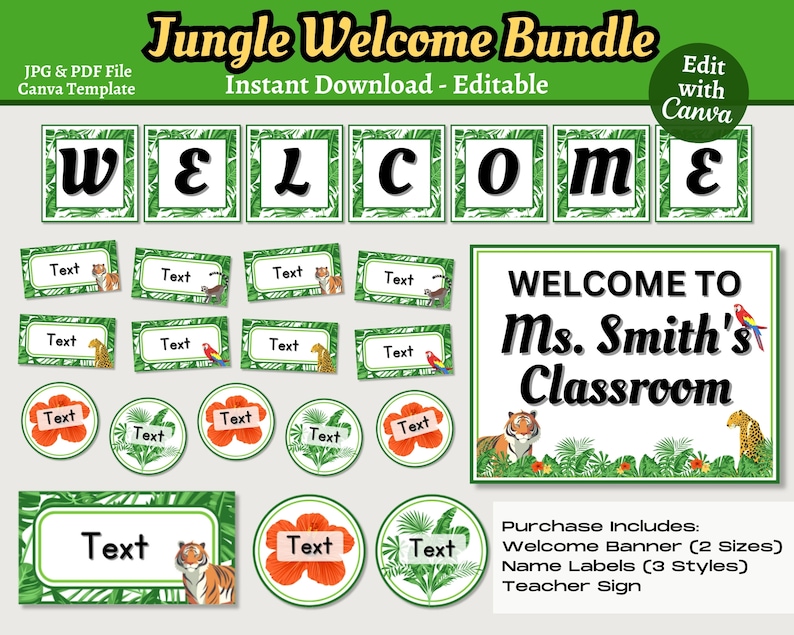 Jungle Classroom Decor: Welcome Banner & Labels (canva Template) - Etsy