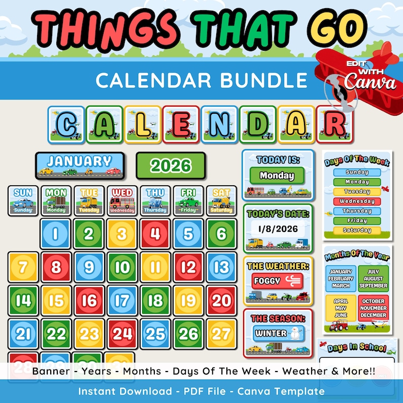 Transportation Classroom Calendar Display: Editable Canva Template ...