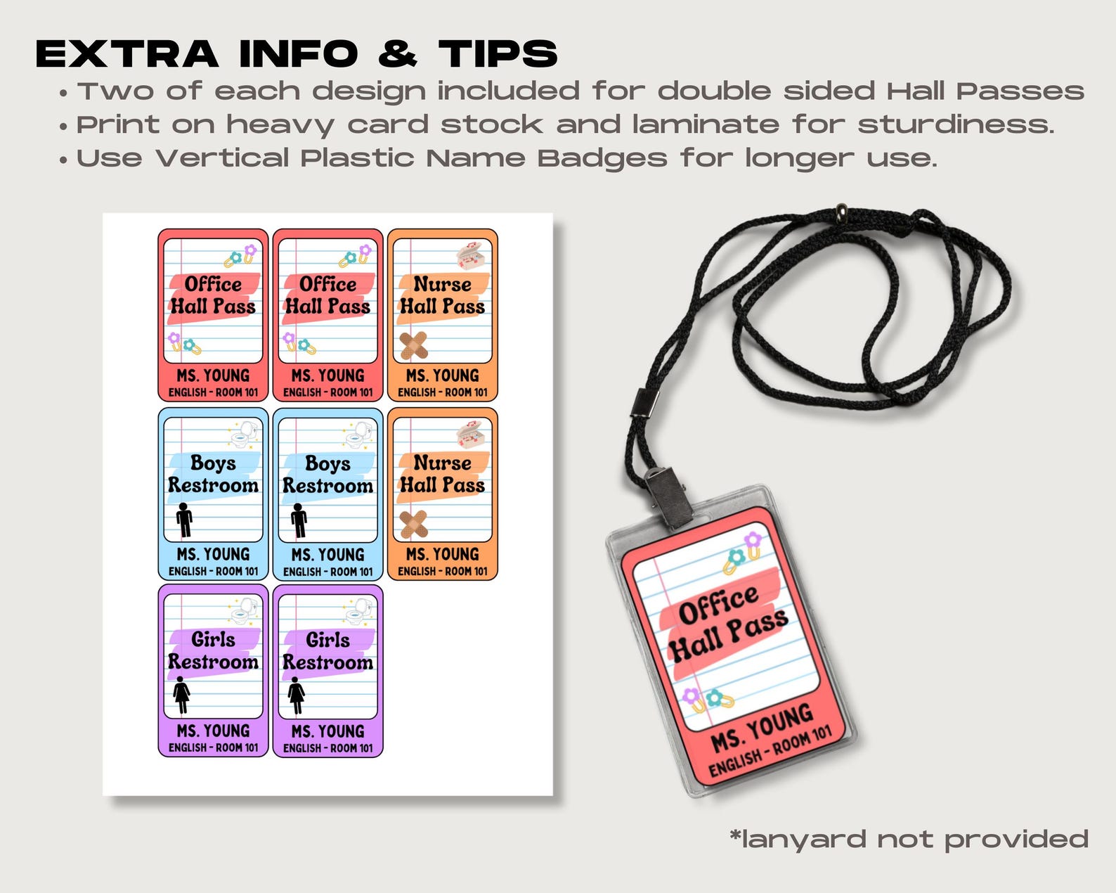 Rainbow Teacher Hall Pass: Editable Printable Lanyard (PDF) - Etsy