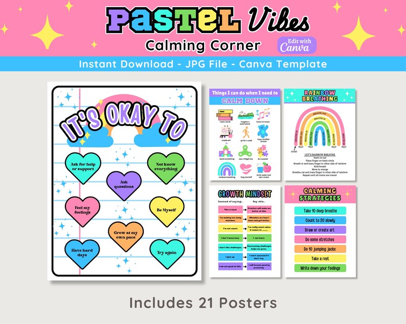 Pastel Calming Corner Posters: Breathing Techniques, Growth Mindset ...