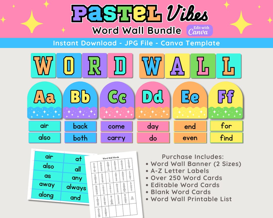 Editable Pastel Word Wall Bundle, Printable Classroom Sight Word ...