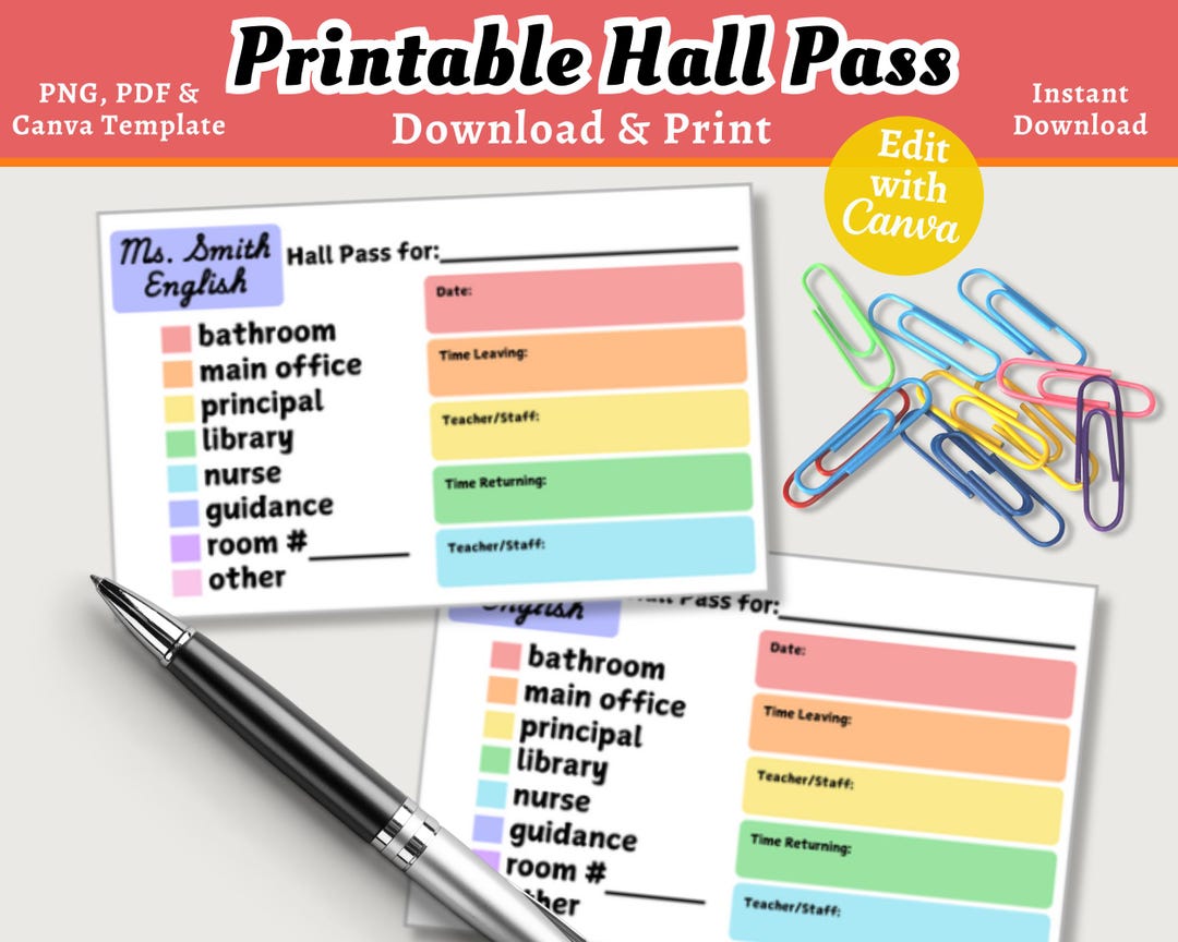 Printable Rainbow Teacher Hall Pass, Custom Editable Teacher Hall Pass ...