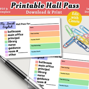Printable Rainbow Teacher Hall Pass, Custom Editable Teacher Hall Pass ...