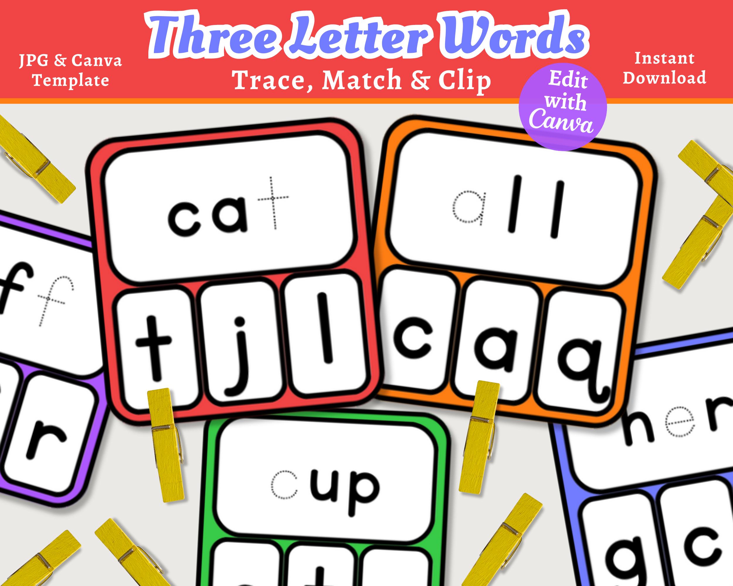 Three Letter Sight Words Match & Clip, Printable Kindergarten Sight ...
