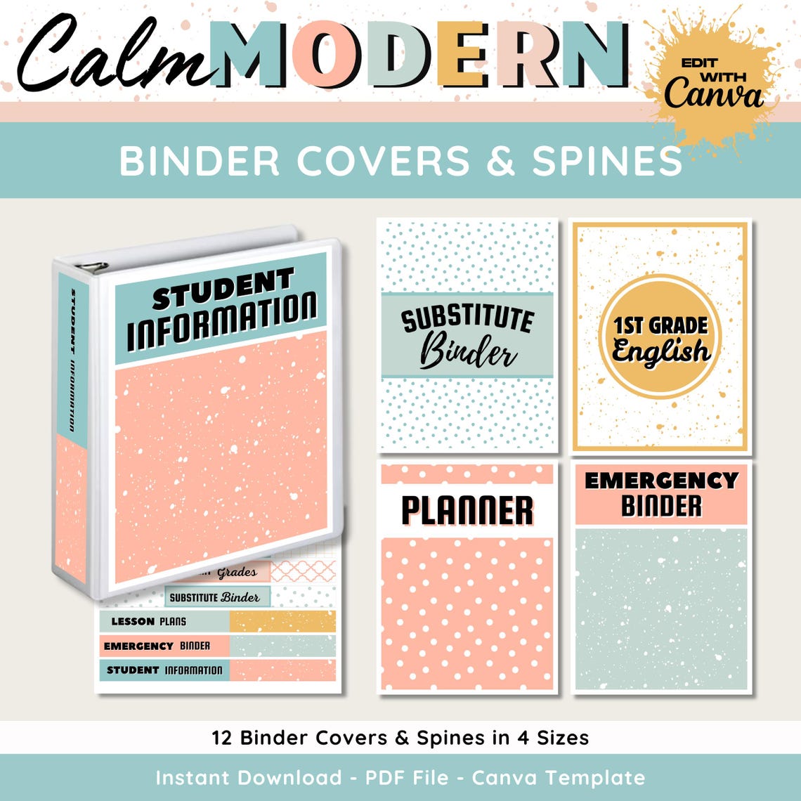Calm Modern Binder Covers and Spines, Printable & Editable Teacher ...