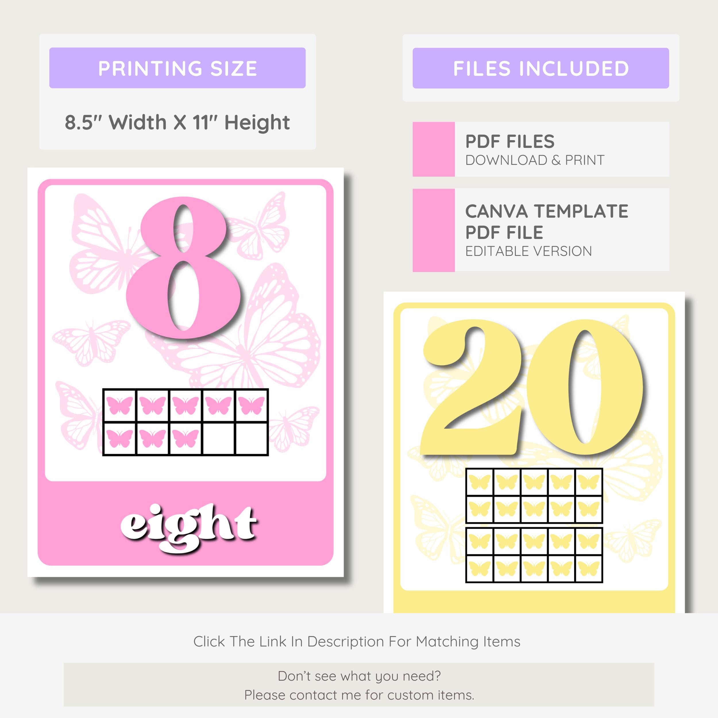 Pastel Butterfly Number Posters, 0-20 Ten Frame Printable & Editable ...
