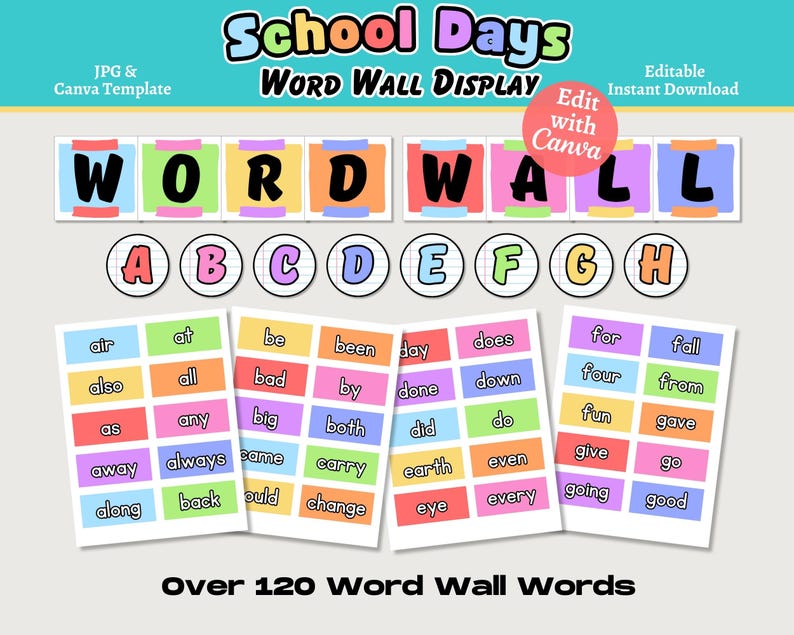 Printable Classroom Word Wall Kit: Rainbow Decor, Editable in Canva ...