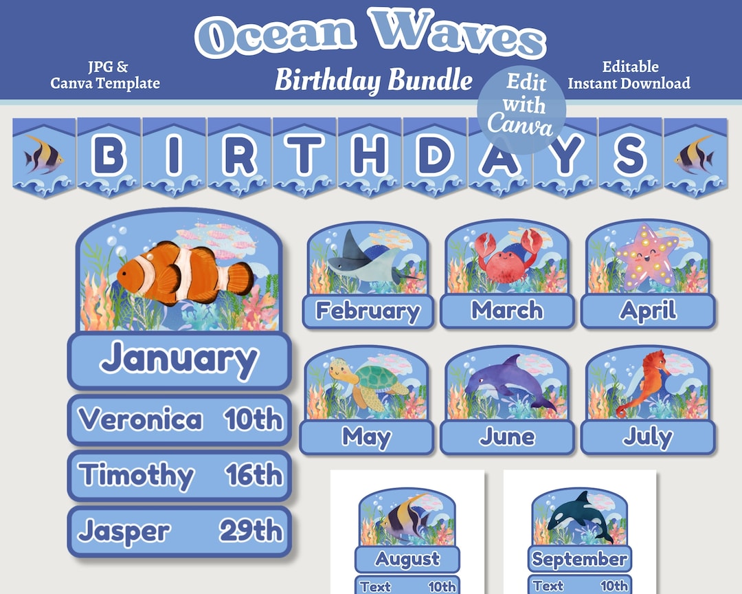Ocean Theme Birthday Bundle, Printable & Editable Classroom Birthday ...