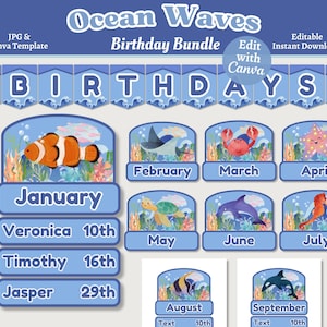 Ocean Theme Birthday Bundle, Printable & Editable Classroom Birthday ...
