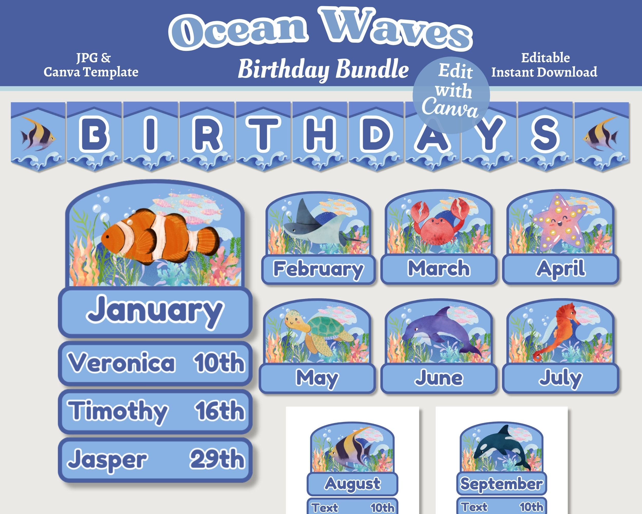 Ocean Theme Birthday Bundle, Printable & Editable Classroom Birthday ...