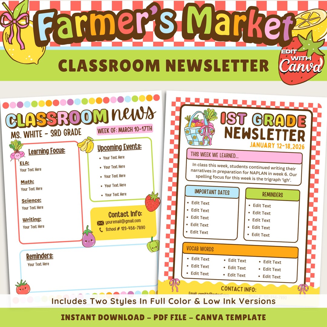 Printable Classroom Newsletter Editable Template: Farmer's Market ...