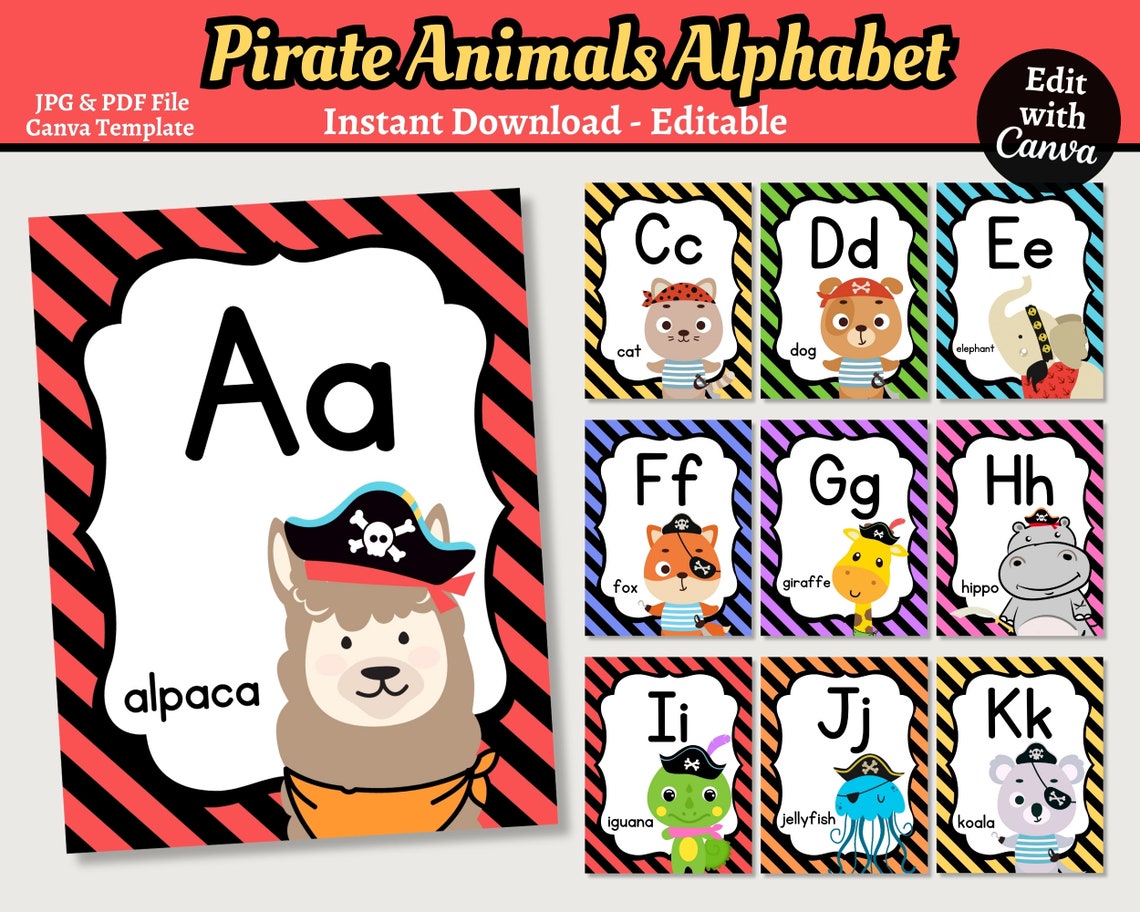 Pirate Animals Alphabet, Editable A-Z Posters, Pirate Classroom Decor ...
