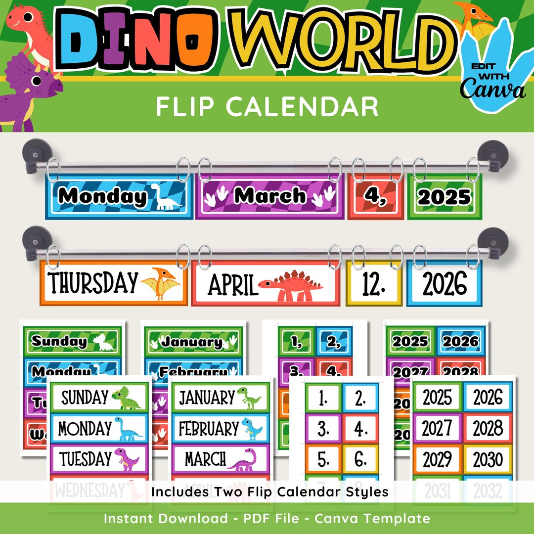 Dinosaur Flip Calendar, Printable & Editable Classroom Hanging Calendar ...