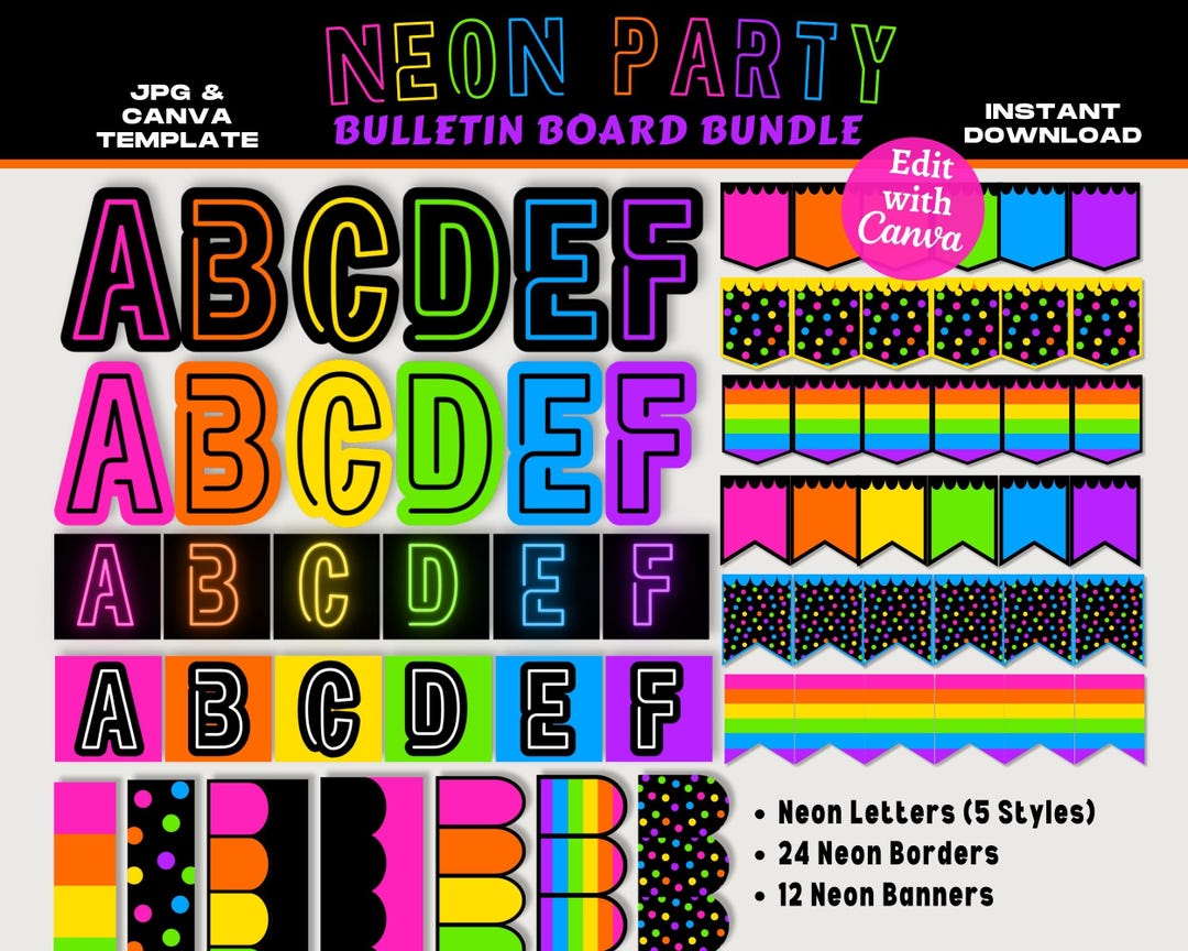 Neon Party Bulletin Board Kit: Editable Letters, Borders, Banners ...