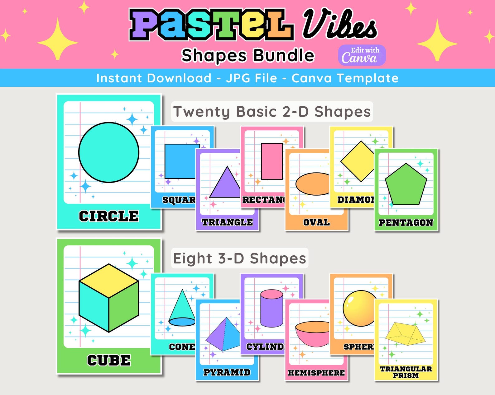Editable Pastel Shape Posters, Printable 3D Shape Posters, Bright ...