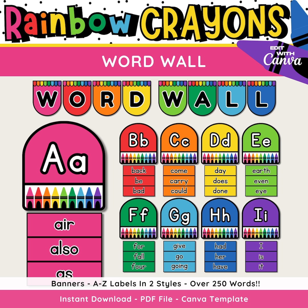 Rainbow Crayon Word Wall Kit: Editable Classroom Decor (digital ...