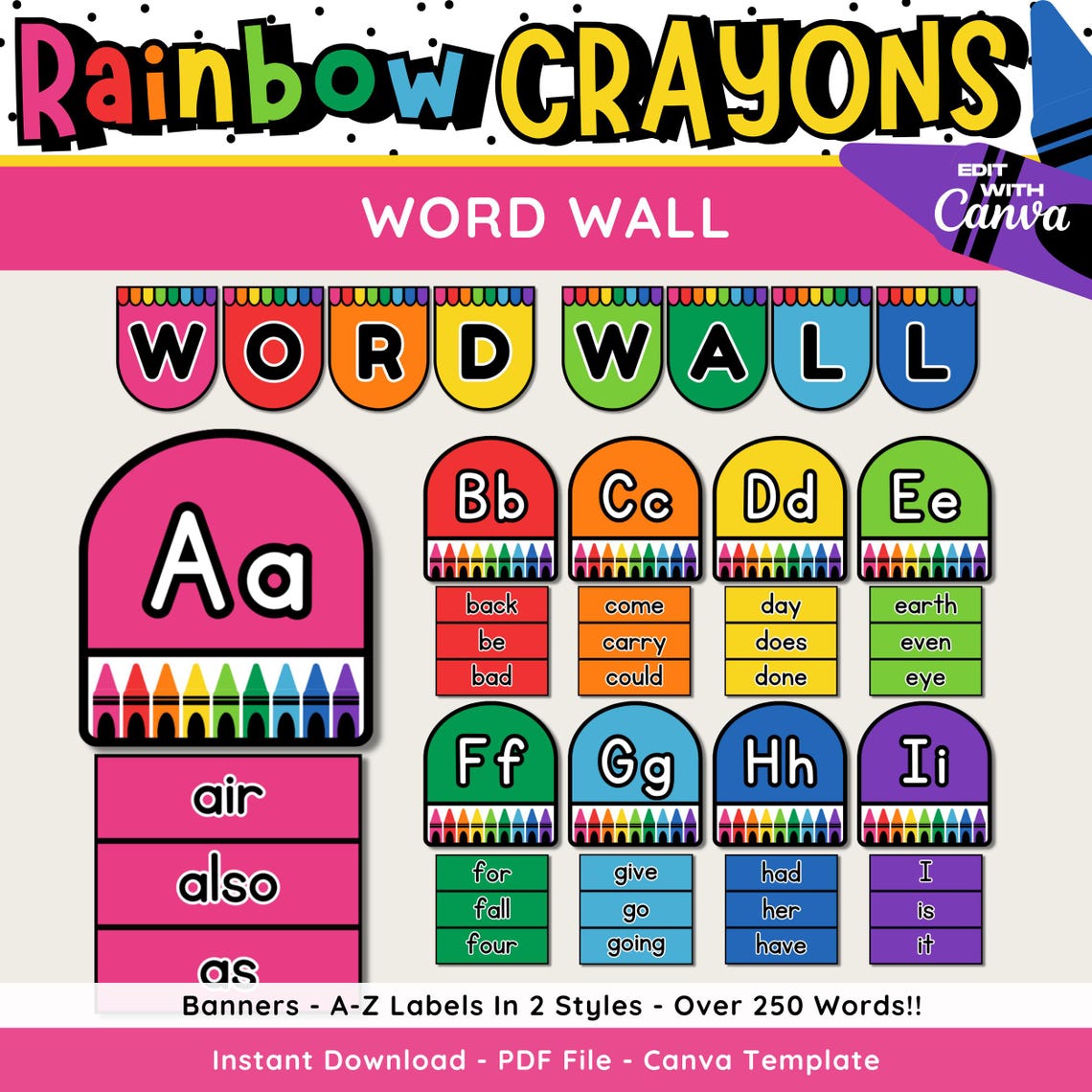 Rainbow Crayon Word Wall Kit: Editable Classroom Decor (digital ...