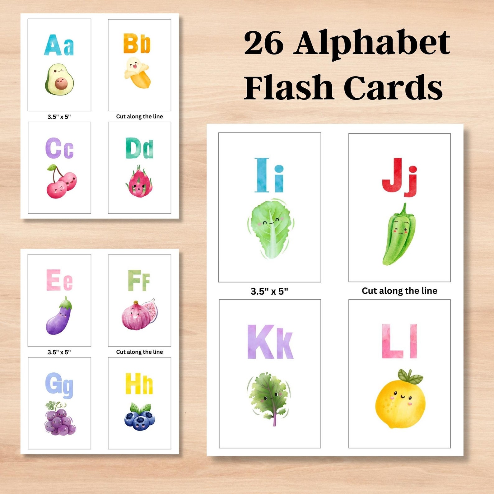 Pre-k Toddler Alphabet Flash Cards 26 Watercolor Fruit - Etsy